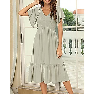 Zattcas Womens Short Flutter Sleeve V Neck Smocked Ruffle Midi Tiered Dress Light Sage S