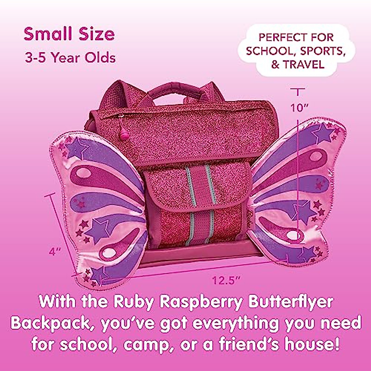 Bixbee Personalized Toddler Backpack, Ruby Raspberry Sparkly Butterfly Bookbag for Kids & Toddlers Ages 3-5 | Custom Backpack with Name for Boys & Girls | Water Resistant Monogrammed School Bag