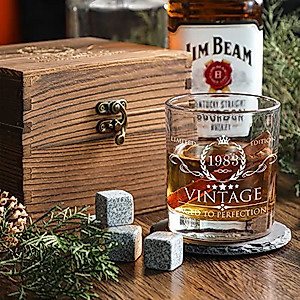 40th Birthday Gifts for Men Whiskey Glass Set - 40th Birthday Decorations, Party Supplies - 40 Year Anniversary, Bday Gifts Ideas for Him, Dad, Husband, Friends - Wood Box & Whiskey Stones & Coaster