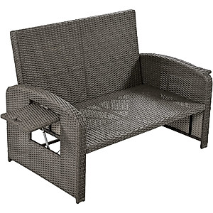 PE Wicker Rattan Double Chaise Lounge with Cushions & Pillows, 2-Person Reclining Sunbed with 3-Height Adjustable Back for Patio Balcony, Free Furniture Protection Cover (Gray + Rattan + Foam)