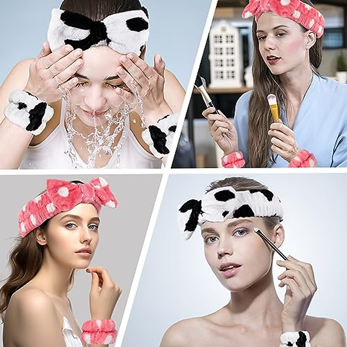 Shindel 6PCS Makeup Headband Set, Bow Hair Bands with Wristbands Coral Fleece Face Wash Headbands for Women Spa Makeup Shower Skin Care Yoga