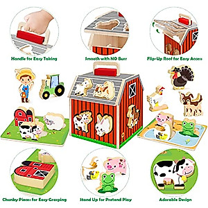 Wooden Farm Animals Toys for 1 2 3 Year Old Girl Boy, Take-Along Sorting Barn Toy with Baby Chunky Puzzles, Montessori Learning Toys for Fine Motor Games, Christmas Birthday Gifts for Toddlers 1-3