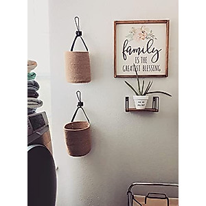 Wall Hanging Storage Baskets Jute Set of 2 Small Woven Rope Closet Organizer 6.7"x7.9" Décor with Black Leather Handle Nursery Storage Bins for Flower Plants/Garage/Shelf/Outdoor/Bathroom