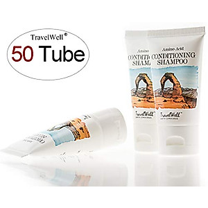 Travel Well Landscape Series Hotel Shampoo and Conditioner Supplies for Guests 2 in 1, 1.0 Fl Oz/30ml, Individually Wrapped 50 Tubes per Box | Travel Size Toiletries | Hotel Toiletries Bulk Set