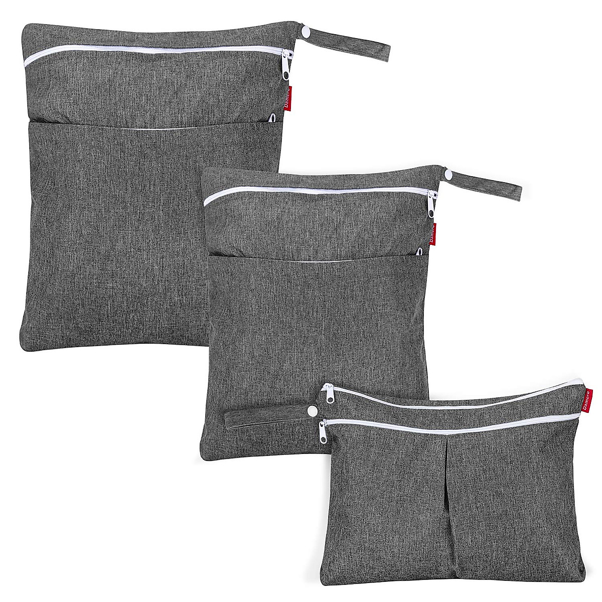 Damero 3Pcs Wet Dry Bags for Baby Cloth Diaper, Washable Diaper Wet Bag with Handle for Pumping Parts, Travel, Swimsuits, Gray