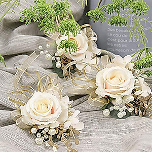 USIX 2pc Pack-Handmade Artificial Flower Rose with Gold Leaves Ribbons Artificial Pearls Wrist Corsage Hand Flower with Elastic Wristband for Girl Bridesmaid Wedding Party Prom (Wrist Corsage)