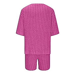 Gamivast My Orders, Two Piece Outfits for Women 2023 Summer V Neck Short Sleeve T-Shirt Tops Yoga Shorts Workout Tracksuit Sets, Pink Blazer, Pink Dress for Women, Pink Stuff, Pink Clothes for Women