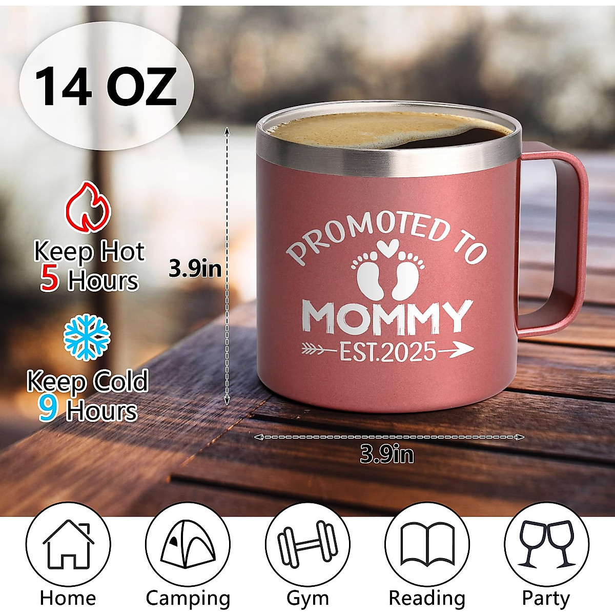 GINGPROUS New Mom Gifts, Promoted To Mommy Est 2025, 14oz Insulated Stainless Steel Coffee Mug, Mothers Day Gifts for New Mom To Be, First Time Mama, Mother, Mommy Pregnancy, Baby Shower, Rose Gold