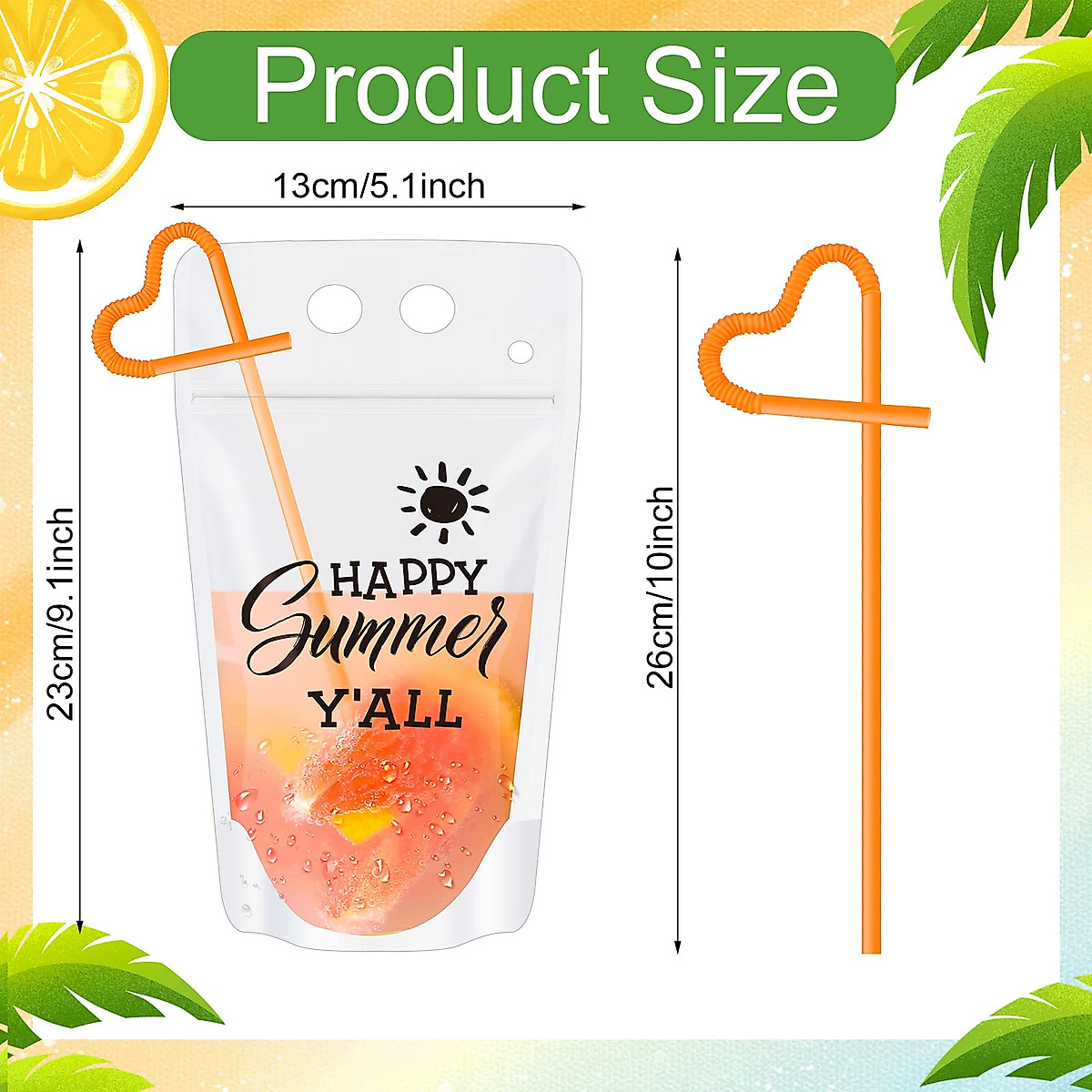 Summer Drink Pouches with Straws Beach Drink Pouches for Adult Translucent Party Beverage Bags Stand up Juice Pouches Plastic Drink Container with Zipper Juice Freezer Bags for Party Favor (30 Sets)