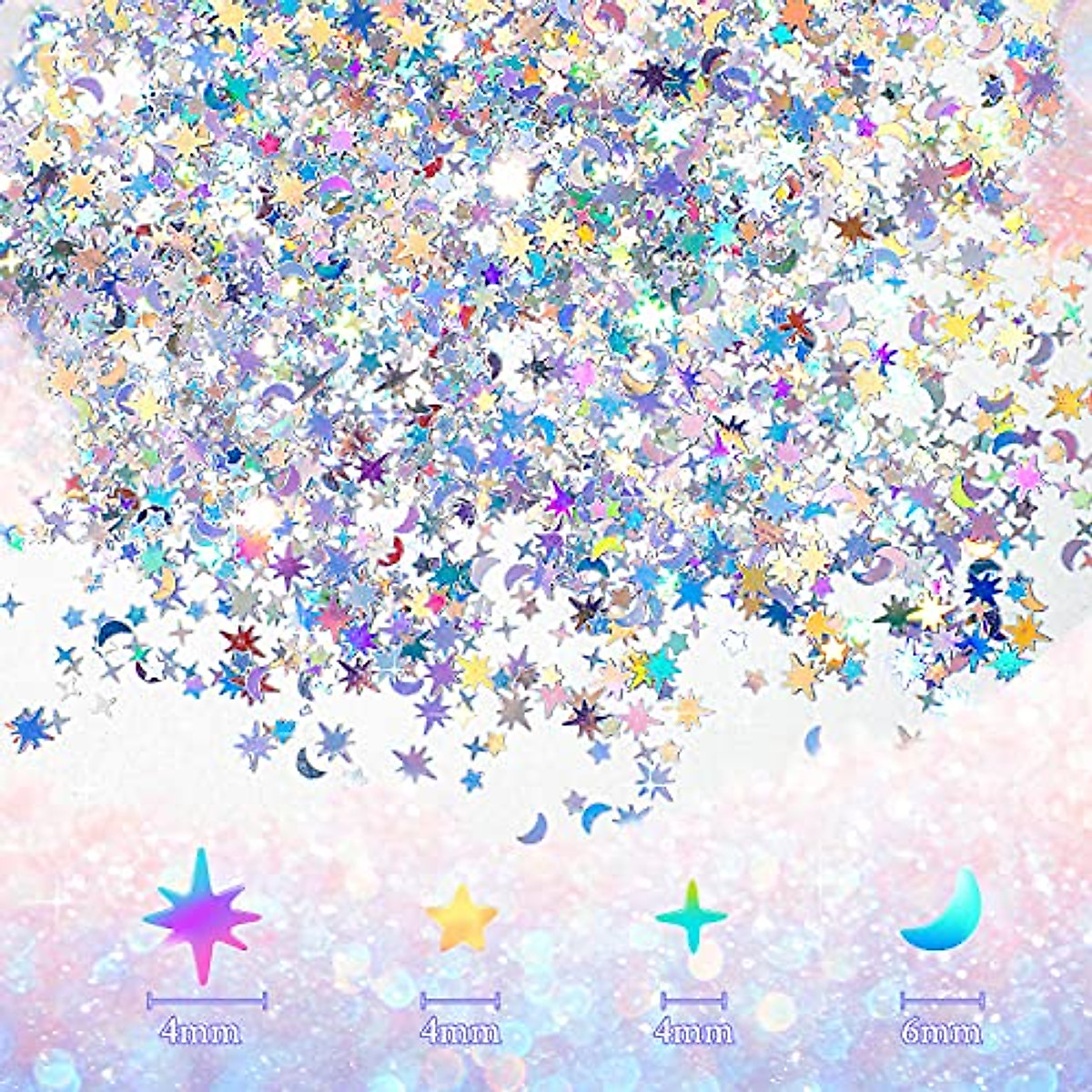 60 g/ 2.1 oz Holographic Star and Moon Table Confetti Iridescent Metallic Glitter Foil Confetti Sequin Star Moon Scatter for Halloween Birthday Wedding Festival Party DIY (6 mm, 4 mm, Silver)