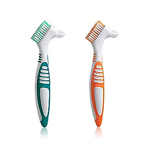 Octuitey Denture Brush 2Pcs Denture Toothbrushes，Denture Cleaning Care Cleaning Brush ，Double Sided Toothbrush，Multi-Layered Bristles and Rubber Anti-Slip Handle (Green and Orange)
