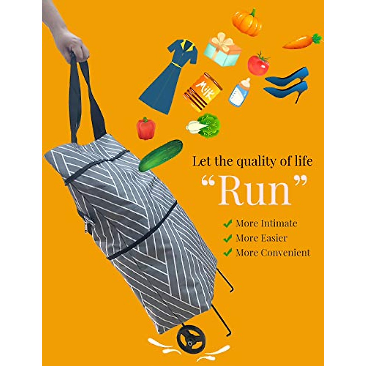 Reusable Grocery Bags with Wheels Foldable Shopping Bags - Waterproof & Strong(Grey Line)