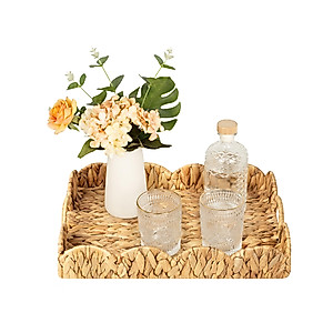 StorageWorks Scalloped Tray, Wicker Tray with Handles, Woven Square Rattan Tray, Scallop Basket Table Décor Trays, Water Hyacinth Rattan Serving Tray for Ottoman Decorative and Organizer Trays