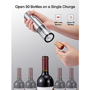 FOHERE Electric Wine Opener, Automatic Electric Wine Bottle Corkscrew Opener with Foil Cutter, Wine Aerator Pourer, Vacuum Stopper, and Charging Base, Rechargeable (Stainless Steel)