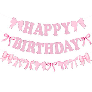 Bow Happy Birthday Banner Garland, Pre-Strung Pink Coquette Bow Birthday Banner for Girls Bow Birthday Party Decorations, Coquette Birthday Decortions, Bow Party Decorations