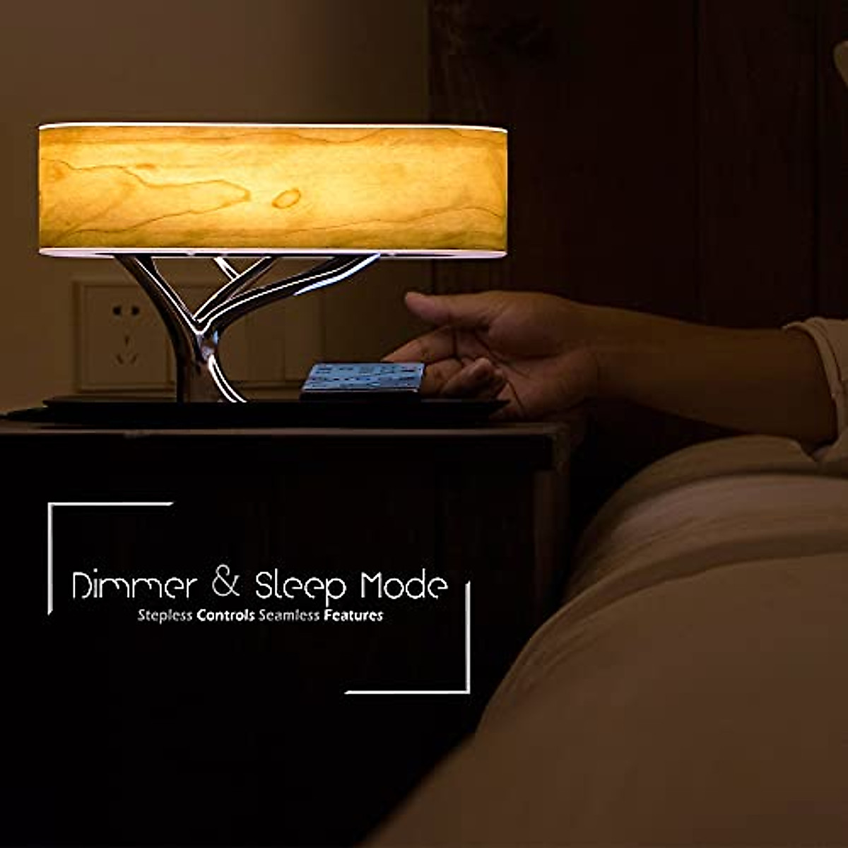 Well Guided Tree of Light Bedside Table Lamp Shade Modern Bedroom Desk Night Light Bluetooth Speaker Fast Qi Wireless Charger Touch Control Dimmable LED Light Smart Corner Lampshade Cherrywood