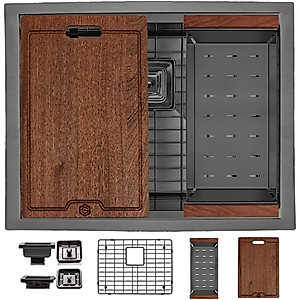 Strictly Sinks Undermount Workstation Kitchen Sink – Black 23 Inch 16 Gauge Single Bowl Kitchen Sink with Grid, Wooden Cutting Board, Colander, 1 Square Strainer Drain & 1 Garbage Disposal Adapter