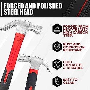 C&T 2 Piece Hammer Set,8oz Stubby Claw Hammer With Magnetic Nail Starter & 16oz Fiberglass General Purpose Claw Hammer & 560pcs Hardware Nail Assortment Kit, Soft Nonslip Handle & Heat Treated Head