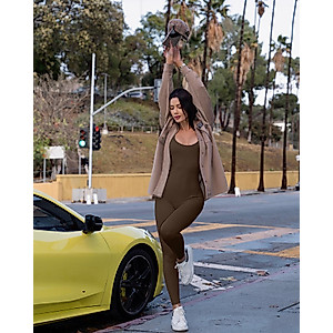 OQQ Women's Ribbed One Piece Tank Top Sleeveless Yoga Exercise Romper JumpSuit, Coffee, Medium