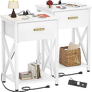 Ecoprsio Oversized Nightstands Set of 2, 26" Bedside Table with Charging Station, Modern End Side Table with X-Design, Tall Night Stand with Drawer and Shelf for Bedroom, Living Room, Sofa, White