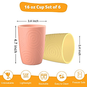 PYRMONT Wheat Straw Cups 16 OZ Alternative to Plastic Cups Set of 6,Plastic Cups Reusable Tumblers Cups Kids Cups Dishwasher Safe,Unbreakable Drinking Cups,Plastic Drinking Cups for Kitchen,Camping