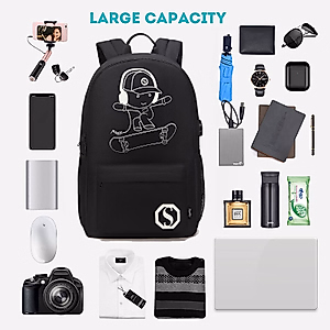 Pawsky School Backpack for Kids Skateboard Anime Luminous Backpack with USB Charging Port, Anti Theft Lock, College School Bookbag for Teen Boys and Girls with Lunch Bag and Pencil Case