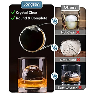 [4 Pack] Longzon Crystal Clear Ice Ball Maker Mold, Ice Cube Tray, Whiskey Ice Mold Large 2.4 Inch, Silicone Round Ice Cube Tray for Freezer, Sphere Ice Mold Maker for Whiskey, Cocktails and Drinks
