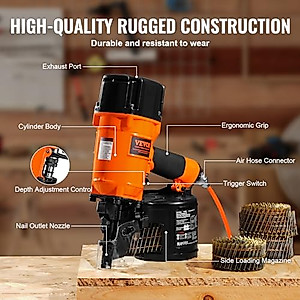 VEVOR Coil Siding/Framing Nailer CN83N, 2" to 3-1/4" 15 Degree Pneumatic Siding Nail Gun with Tool-Less Depth Adjustment, 70-120PSI Air Coil Nailer for Siding Sheathing Wooding Fencing Decking
