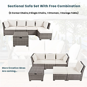 UBGO 6-Piece Outdoor Terrace Furniture Set, PE Wicker Rattan Sofa with 2 Corner Chairs, 2 Single Chairs, 1 Ottoman and 1 Storage Table, All-Weather Conversational Furniture, Beige