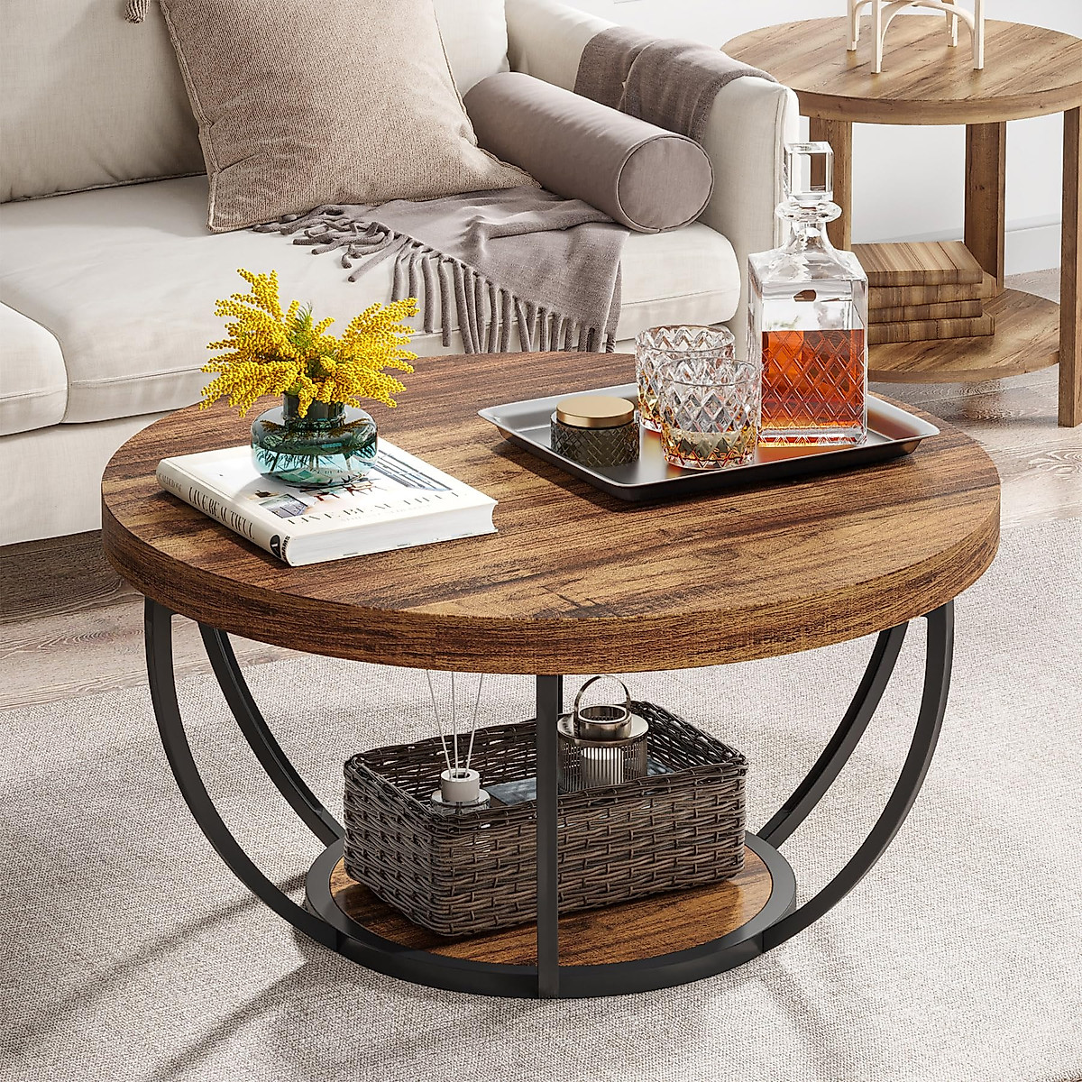 Tribesigns Round Coffee Table, 31.7" Wooden 2-Tier Circle Coffee Table with Storage Shelves, Modern Accent Cocktail Table Center Table for Living Room, Rustic Brown
