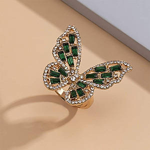 Aimimier Cubic Zirconia Butterfly Ring Sparkling Crystal Bow-Knot Knuckle Ring Wedding Jewelry for Women(Gold-green)
