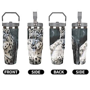 BWQJKUO Large Capacity Car Cup 30 Oz Stainless Steel Snow Leopard Printed Travel Mug Leak-proof Flip Straw Tumbler with Handle,keeps Cold Or Ho