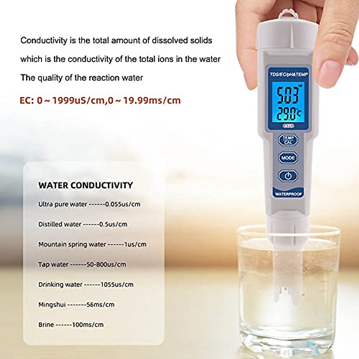 Oumefar Water Quality Tester 4in1 PH/EC/TDS/Temperature Water Quality Monitor for Food Processing Drinking Water Monitor
