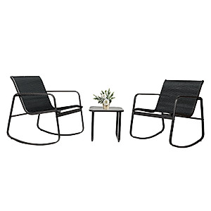 Patiomore 3 Pieces Outdoor Rocking Chairs, Patio Bistro Furniture Black Wicker Chair Set with Tempered Glass Table and Thick Dark Blue Cushion