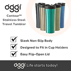 Oggi CONTOUR Stainless Steel Travel Tumbler - Black, 16 oz, with flip open lid for hot and cold beverages.
