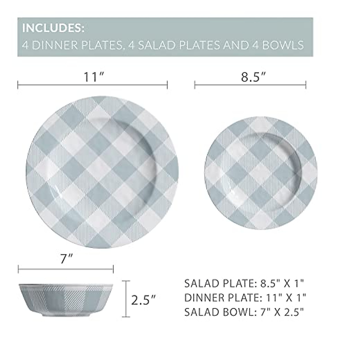 Barnyard Designs 12-piece Melamine Dinnerware Set, Durable Chip-Resistant Dishware for Indoor/Outdoor Use, Service for 4, Light Blue Buffalo Plaid, (Dinner Plate: 11”, Salad Plate: 8.5”, Bowl: 7”)