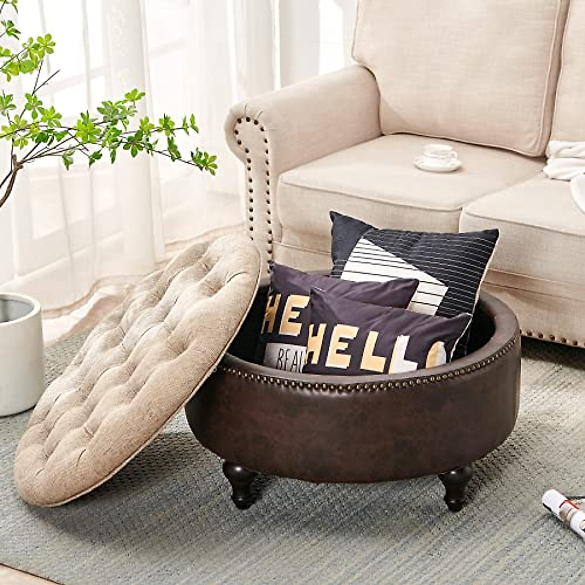 Nathaniel Home Upholstered 30" Round Storage Vegan Leather Ottoman, Leather Button Tufted Ottoman with Fabric Removable Lid, Bench with Wood Legs, Light Brown/Dark Brown