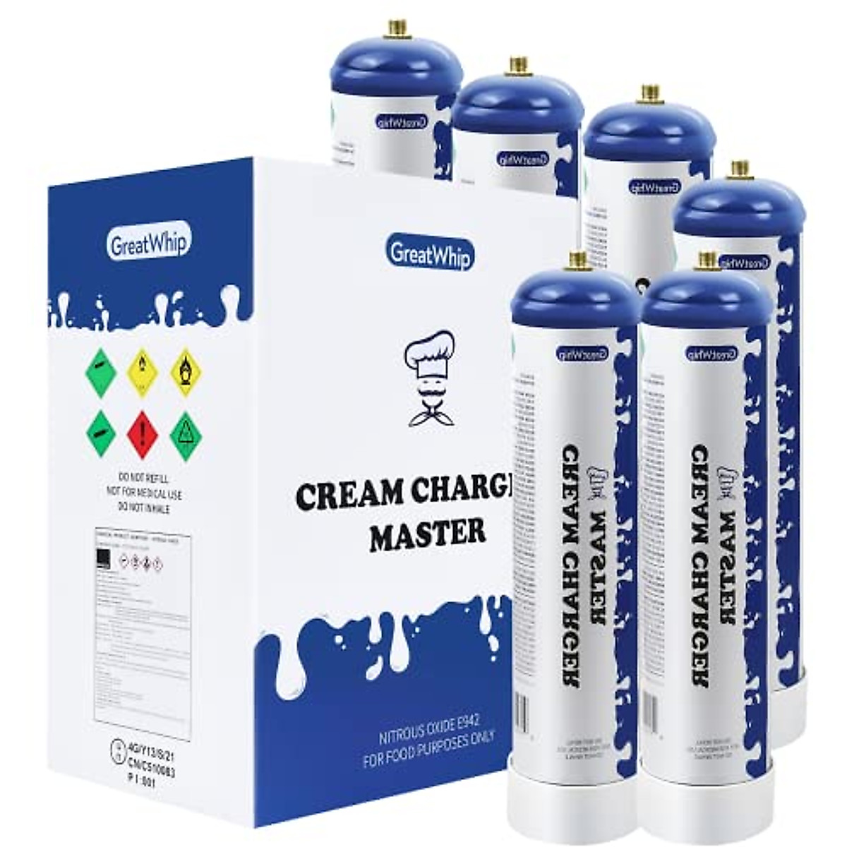 GreatWhip Whipped Cream Chargers, 6 Cylinders 0.99 Liter Nitrous Oxide Chargers 615 gram N20 (6 Cylinders)