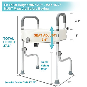 Raised Toilet Seat, Elevated Toilet Seat Riser with Handles Height Adjustable Legs for Elongated Standard Toilets 300 lbs Heavy Duty Bathroom Assist Safety Commode Frame White