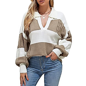 ZAFUL Women 2023 Striped V Neck Long Sleeve Sweater Fall Lapel Collar Ribbed Knit Loose Pullover Sweater Jumper Top Brown
