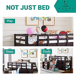Naomi Home Low Loft Bed Twin Loft Bed with Desk and Storage Kids Beds for Boy Solid Pine Wood Toddler Loft Bed with Storage, Ladder Storage Guard Rails, No Box Spring Needed, Loft Bed Espresso