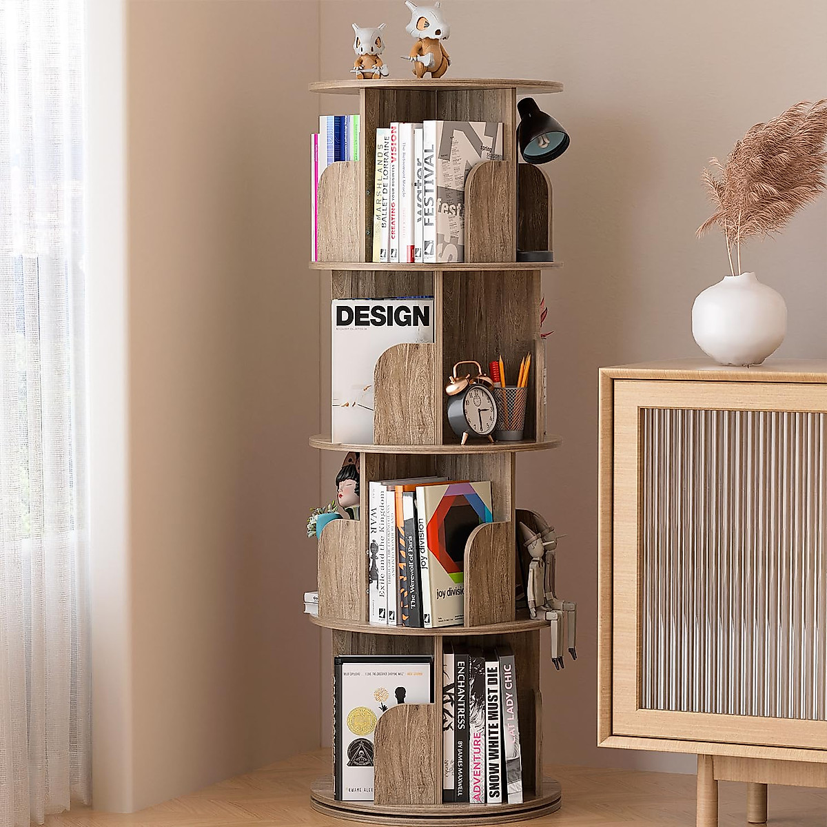 GOOFCXO 4 Tier Rotating Bookshelf, 360° Revolving Bookcase Wood Rotating Stackable Shelves Floor-Standing Storage Display Rack Used in Bedrooms Living Rooms Study Office (52"x18"x18")