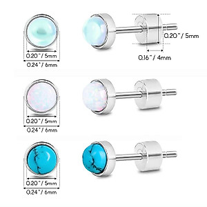 Small Gemstone Studs Earring Set: 3 Pairs Silver Opal Blue Turquoise Moonstone Round Stud Women-Simple Trendy Fashion Hypoallergenic Various Dainty Birthstone Jewelry