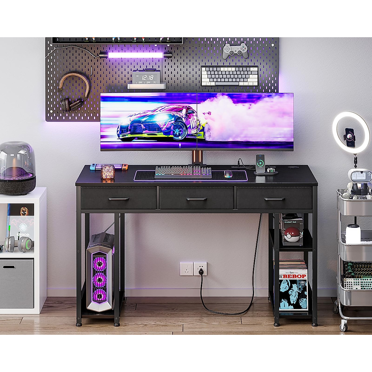 AODK 48 Inch Gaming Desk with Fabric Drawers & Power Outlets, Computer Desk with Storage Shelves & CPU Stand, Gamer Table, Writing Study Desk with Type-C & USB, Small Desk for Bedroom, Black