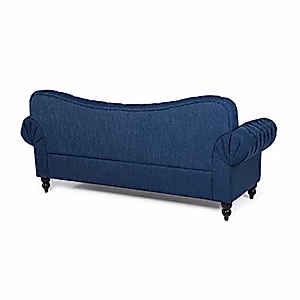Christopher Knight Home Nathan Chesterfield Button Tufted Fabric 3 Seater Sofa, Navy Blue, Dark Brown