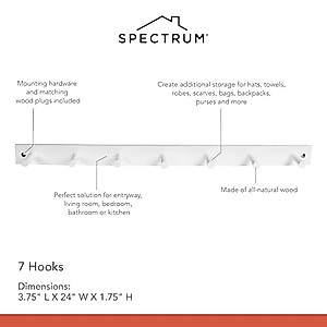 Spectrum Diversified Wall-Mounted 7 Peg Wood Hook, Hat Organizer & Coat Hanger for Entryway or Closet Bathroom Storage Racks for Towels & Bath Robes, White