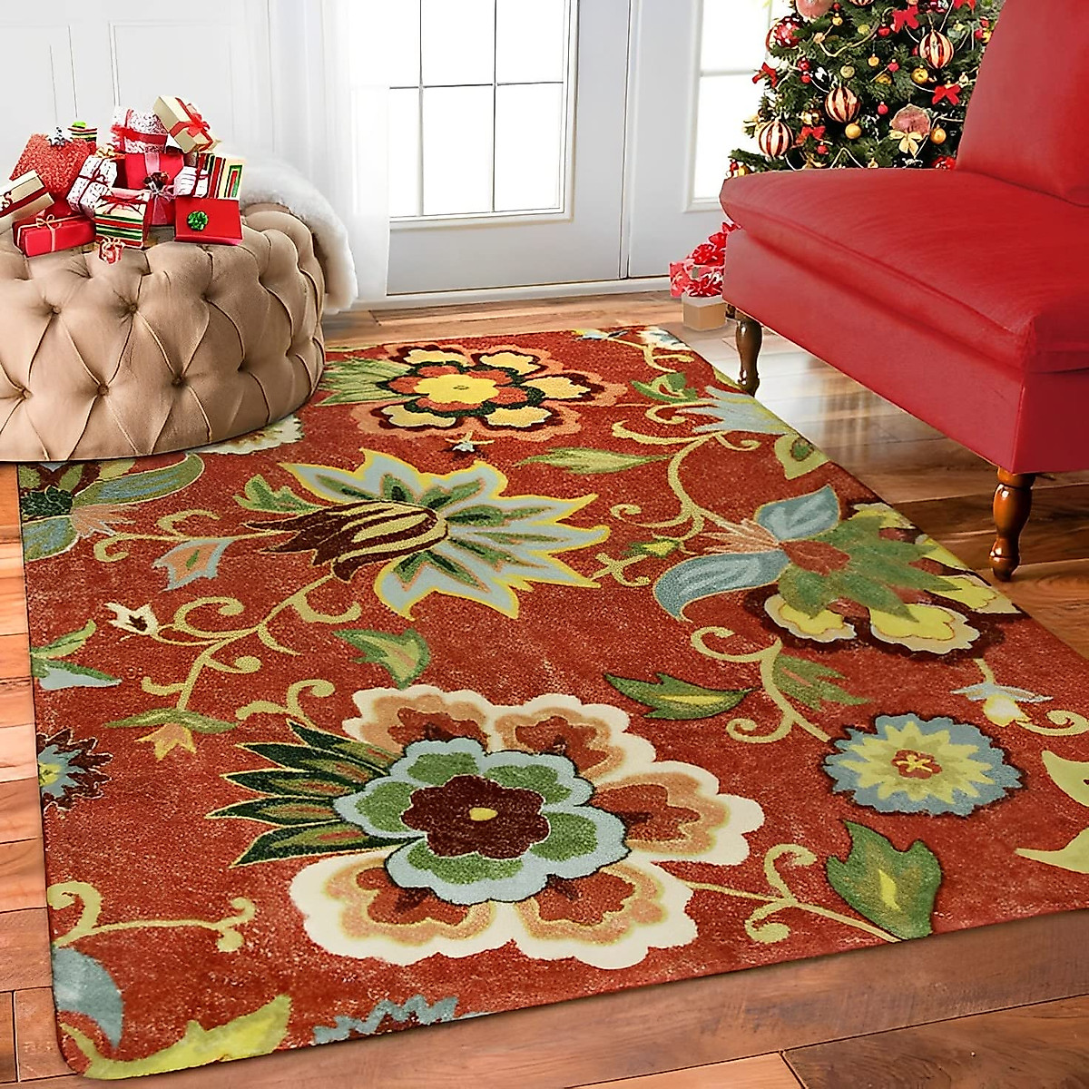 Lahome Red Floral 4x6 Washable Area Rugs- Soft Rug for Bedroom, Non-Slip Rugs for Living Room, Throw Carpet for Dinning Room Entryway Kitchen Office Nursery (4'x6', Red)