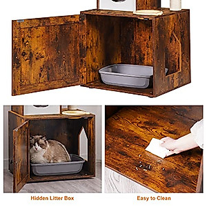 Heybly Cat Tree, Wood Litter Box Enclosure with Food Station, All-in-one Indoor Cat Furniture with Basket and Condo, Modern Style Cat Tower, Hammock, Rustic Brown HCT101SR