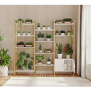 Yusong Bookshelf Triple Wide 5 Tier Bookcases with Storage Cabinet, Industrial Large Modern Tall Bookshelves with 12 Open Display Shelves for Living Room Office Bedroom, White Oak and Gold