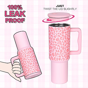 ZHIDENGWJ Stainless Steel Vacuum Insulated Tumbler with Lid and Straw for Water, Iced Tea or Coffee(Light Pink Leopard Print)